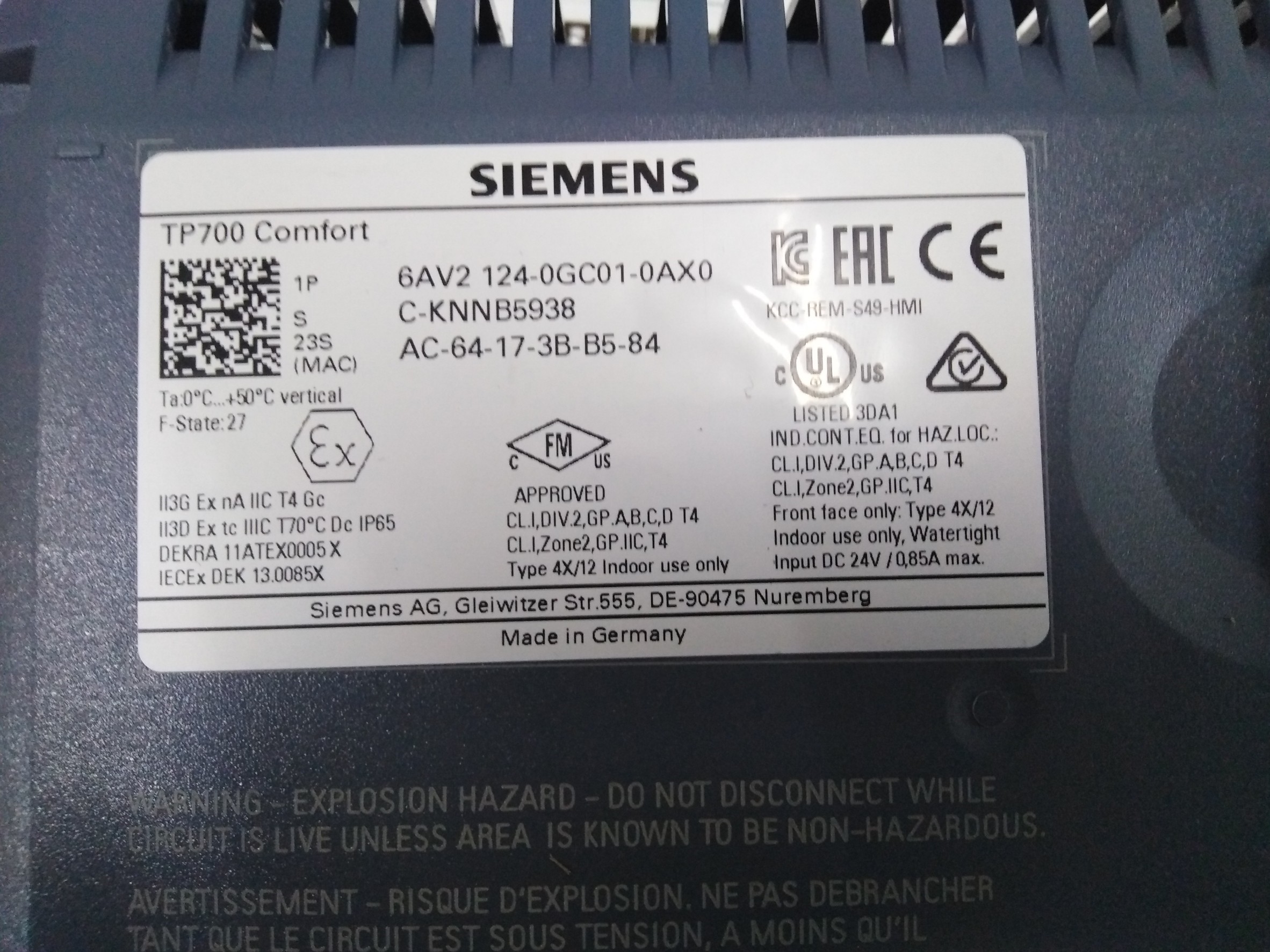 6AV2124-0GC01-0AX0 SIEMENS SIMATIC HMI TP700 Comfort,Comfort Panel (EC ...